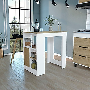 Depot E-Shop Masset Kitchen Island with Side Shelve and Push to Open Cabinet, White/Macadamia