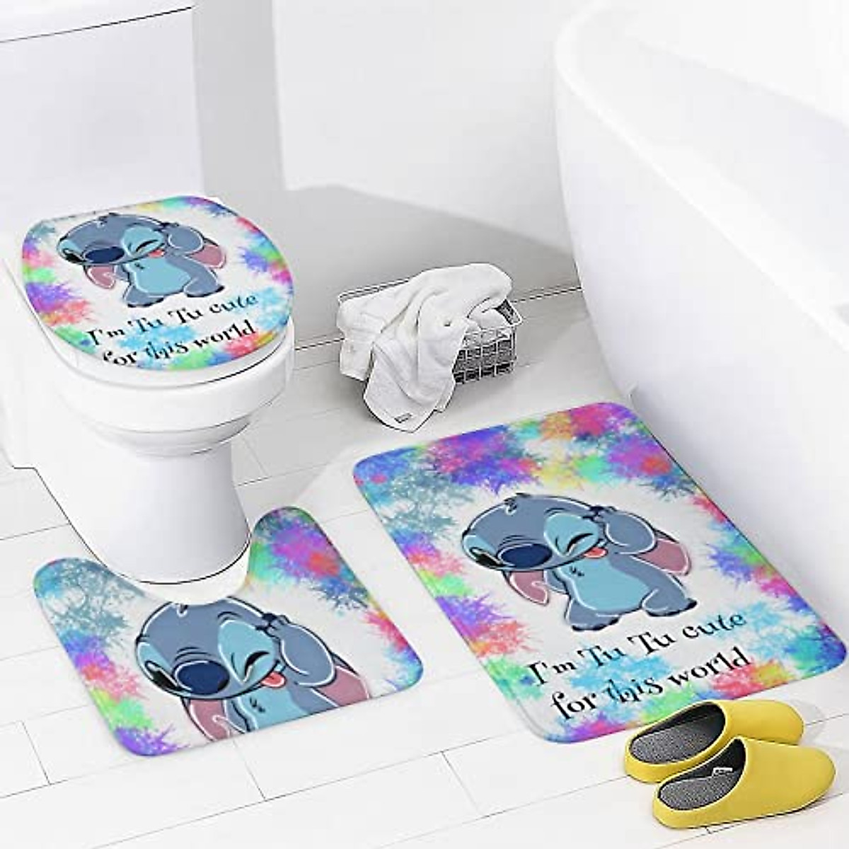 fmsnupz Cartoon Shower Curtain 4PCS Set, Cute Bathroom Decor with Non-Slip Rugs, Toilet Lid Cover and Bath Mat, Waterproof Fabric Shower Curtains with 12 Hooks, 70.8"x70.8"