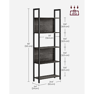 VASAGLE 5-Tier Bookshelf, Book Shelf, Industrial Bookcase, with Steel Frame, for Living Room, Home Office, Bedroom, 9.4 x 24.4 x 65 Inches, Charcoal Gray and Black ULLS025B04