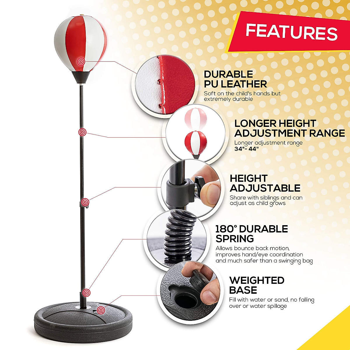 Whoobli Punching Bag for Kids Incl Boxing Gloves | 3-10 Years Old Adjustable Kids Punching Bag with Stand | Boxing Bag Set Toy for Boys & Girls (Red White); New 2025