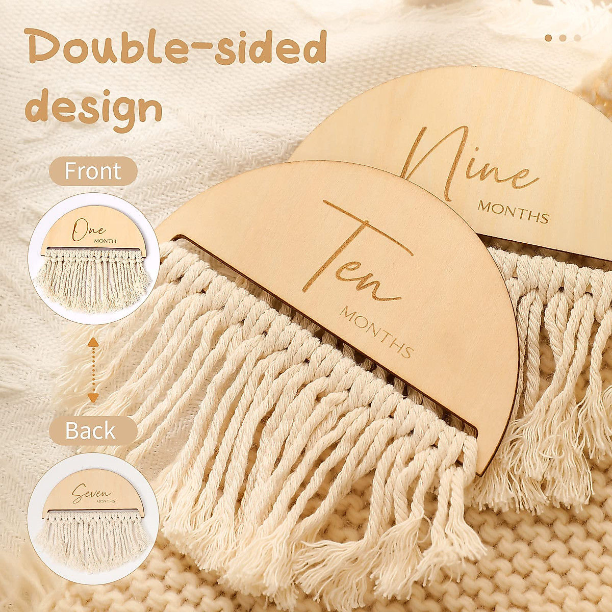 ibwaae Boho Baby Monthly Milestone Cards 7 Double Sided Wooden Milestone Discs from Newborn to 1 Year Photo Prop Announcement Sign Baby Registry Search for Baby Gift