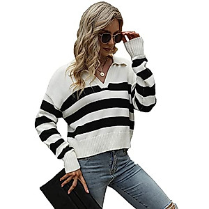 SheIn Women's Casual Long Sleeve Knit Sweater V Neck Striped Pullover Jumper Tops Black White XS