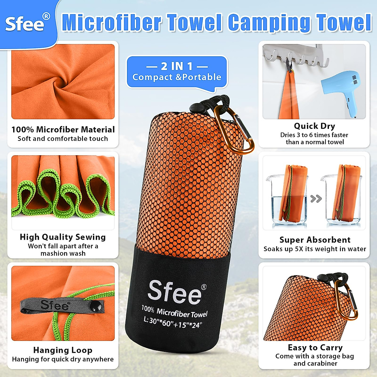 Sfee 2 Pack Microfiber Travel Towel, Quick Dry Towel Camping Towel Large Beach Towel Super Absorbent Compact Lightweight Sports Towel Gym Towel for Beach, Gym, Hiking, Pool, Backpacking, Bath, Yoga