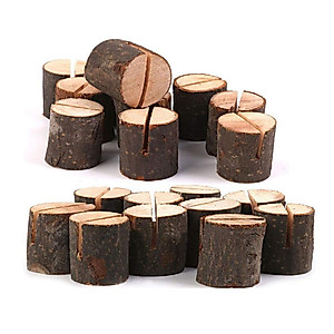 whatUneed 40 Sets Place Card Holders, Rustic Real Wood with Wooden Bark Table Card Holder, Number Photo Stand Place Name Memo Card Holder for Wedding Party (40 Holders+40 Kraft Place)