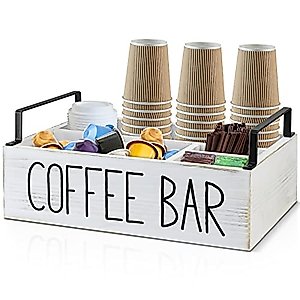 Coffee Station Organizer, Wooden Coffee Bar Accessories Organizer for Counter, Farmhouse Kcup Coffee Pod Holder Storage Basket with Handle, Coffee Bar Organizer Station for Coffee Bar Decor White