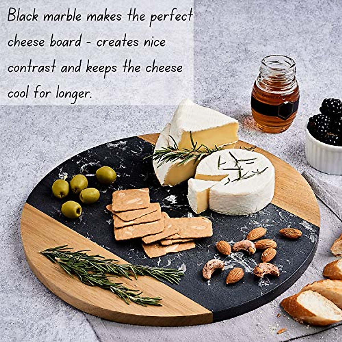 12inch Marble Cheese Board with Acacia Wood Accent - Charcuterie Board for Two - Round Marble and Wood Cheese Board - Marble Cutting Board