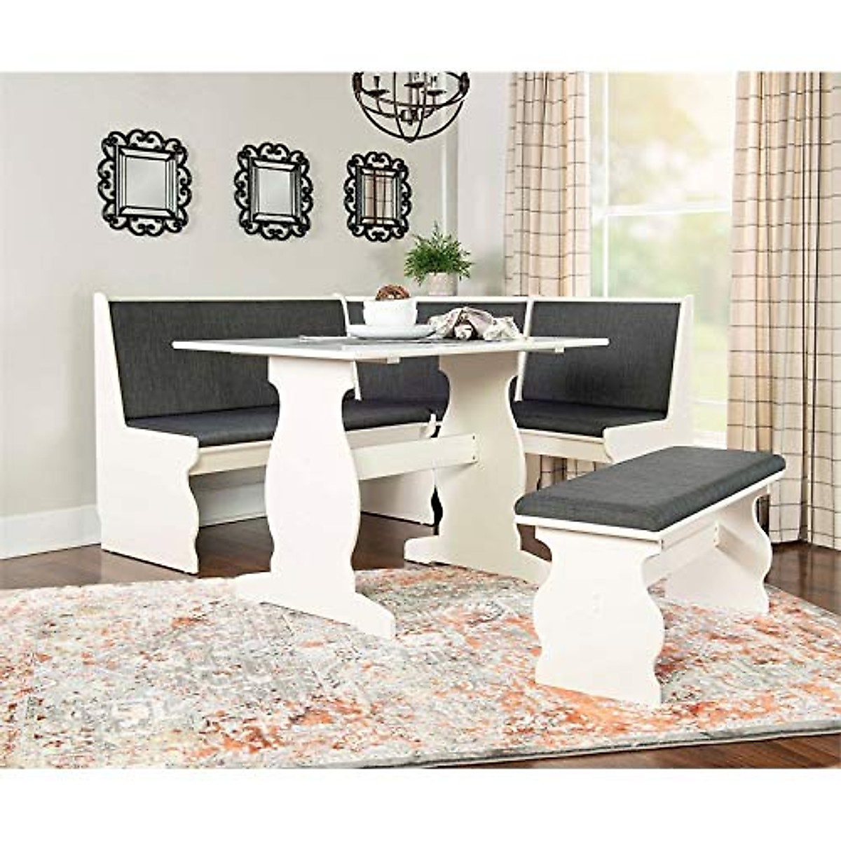 Riverbay Patio Conversation Indoor 3 Piece Kitchen Corner Nook Table Booth Bench Breakfast Dining Set in Charcoal