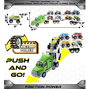 Mozlly Friction Powered ATV or Monster Truck Hauler Playset for Boys and Girls - Toy Car Carrier Truck Toy, Perfect ATV or Monster Truck Trailer Set for Pretend Play or Birthday Gift - Styles May Vary