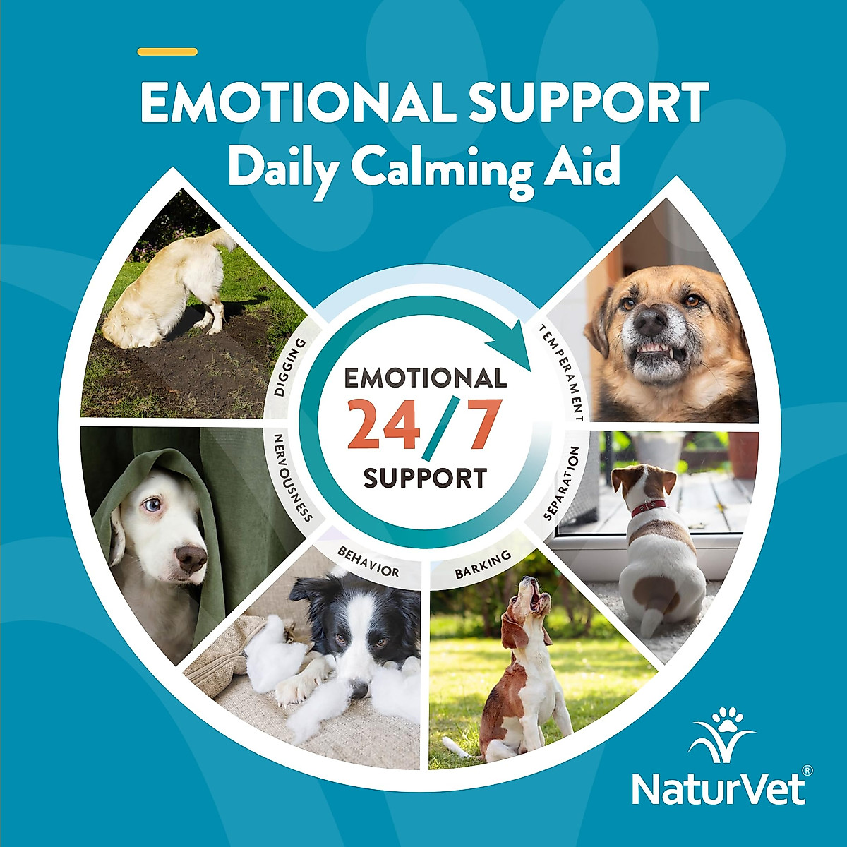 NaturVet Emotional Support Daily Calming Aid Dog Supplement - Helps Promote 24/7 Normal, Calm Behavior - for Dog Stress, Nervousness, Separation, Unwanted Behavior - 120ct Soft Chews