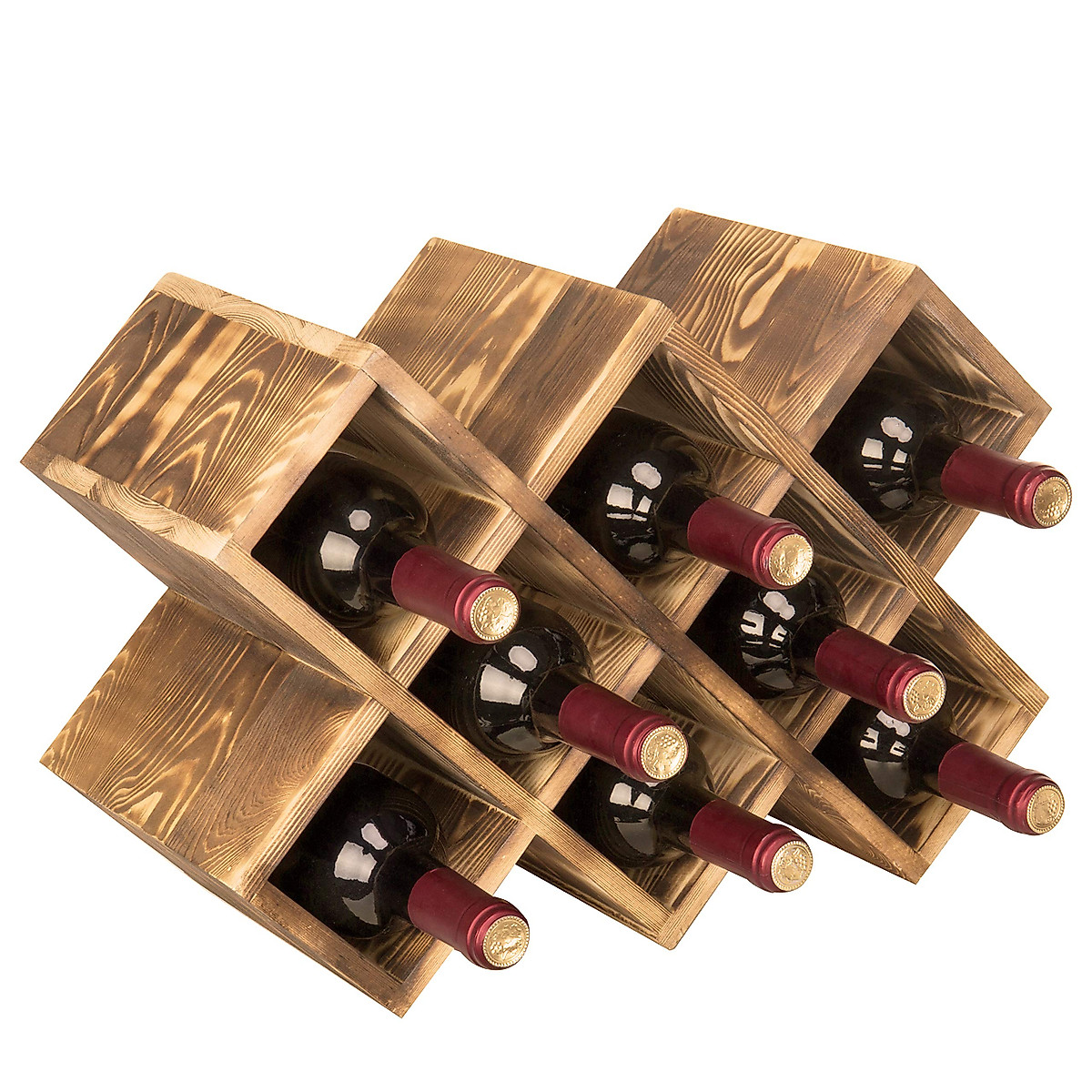 MyGift Vintage Gray Solid Wood Tabletop Wine Bottle Holder Rack with Geometric Cross Hatch Design, Vertical or Horizontal Display, Holds up to 8 Bottles