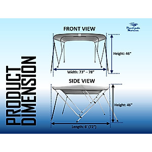 Pactrade Marine Boat 3 Bow Big Bimini Top Canopy Cover UV Waterproof Grey Canvas 600D Oxford Fabric PU Coating Aluminum Poles Straps