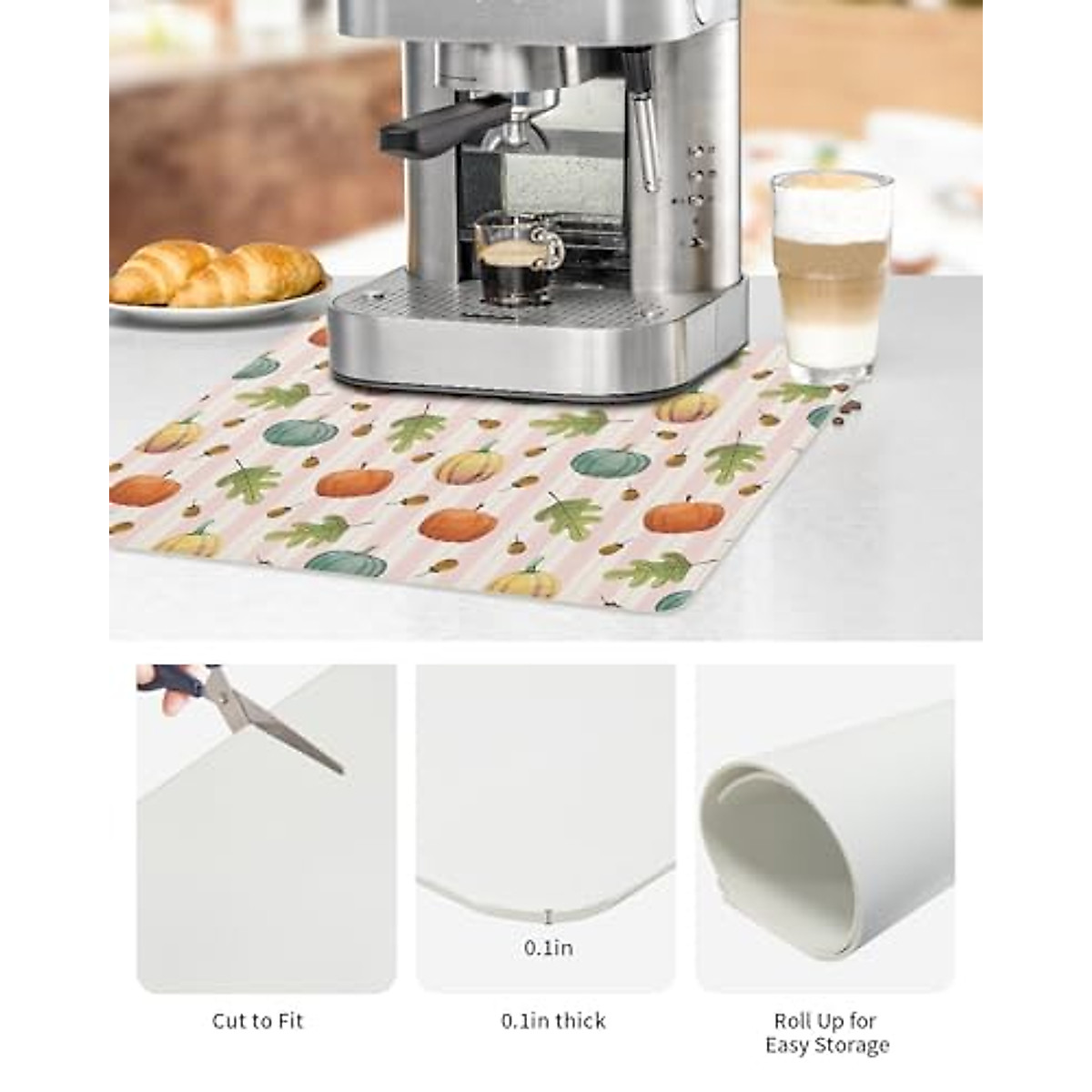 Coffee Mat for Counter, Watercolor Pumpkin Vegetable Pink Stripes Absorbent Hide Stain Coffee Bar Mat, Non-slip Coffee Bar Accessories Kitchen Drying Mat Fit Under Coffee Maker Espresso Machine