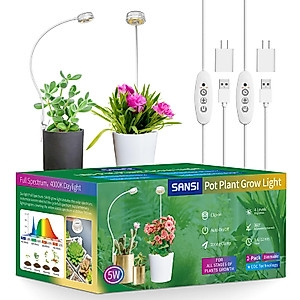 SANSI Grow Lights for Indoor Plants, Pot Clip LED Plant Lights for Indoor Growing, Full Spectrum, with 4-Level Dimmable, Auto On Off 3 6 12 Hrs Timer for Small Plants, Gardening Gifts White 5V 2-Pack