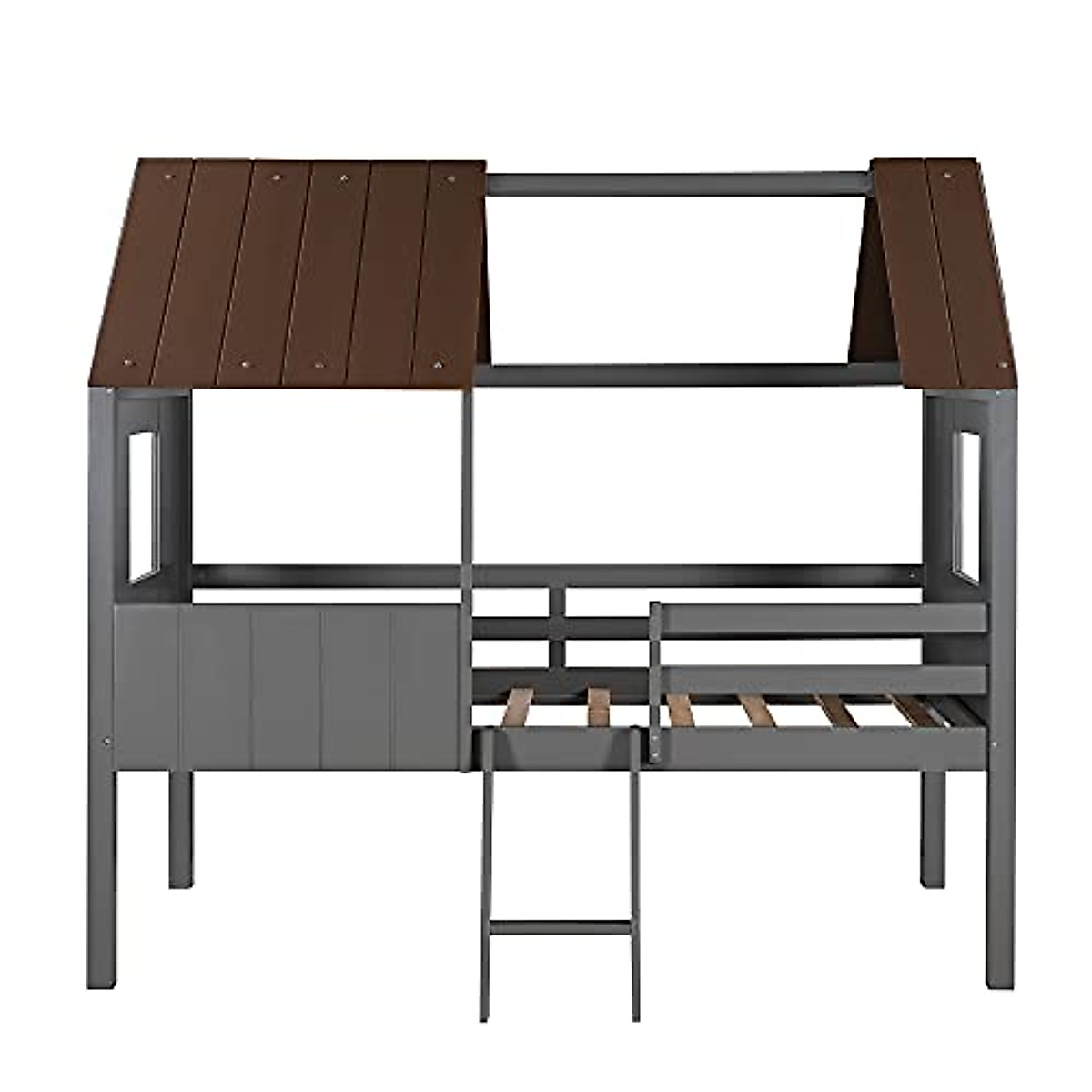 ODC Twin Size Low Loft House Bed with Roof and 2 Side Windows, Full-Length Guardrail, Solid Wood Platform Bed Frame, No Box Spring Needed/Easy Assembly for Kids Teens Bedroom