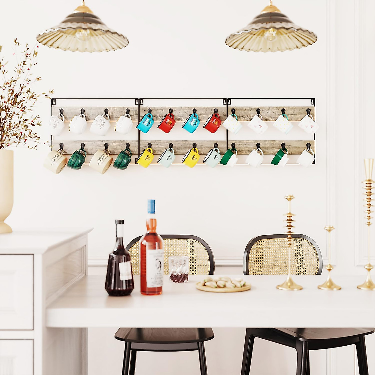 IBUYKE Mug Racks for Wall,Set of 3, 24-Hook Large Mug Rack Wall Mounted, Rustic Wood Coffee Mug Display Organizer for Kitchen, Home,Bar, Coffee Station,Greige UTBJ005Y-3