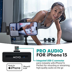 Movo Wireless Mini USB-C Wireless Microphone for iPhone 15 - iPhone 15 Microphone Compatible with iPhone 15 Pro Max - 10HR Battery Life, 164ft Range