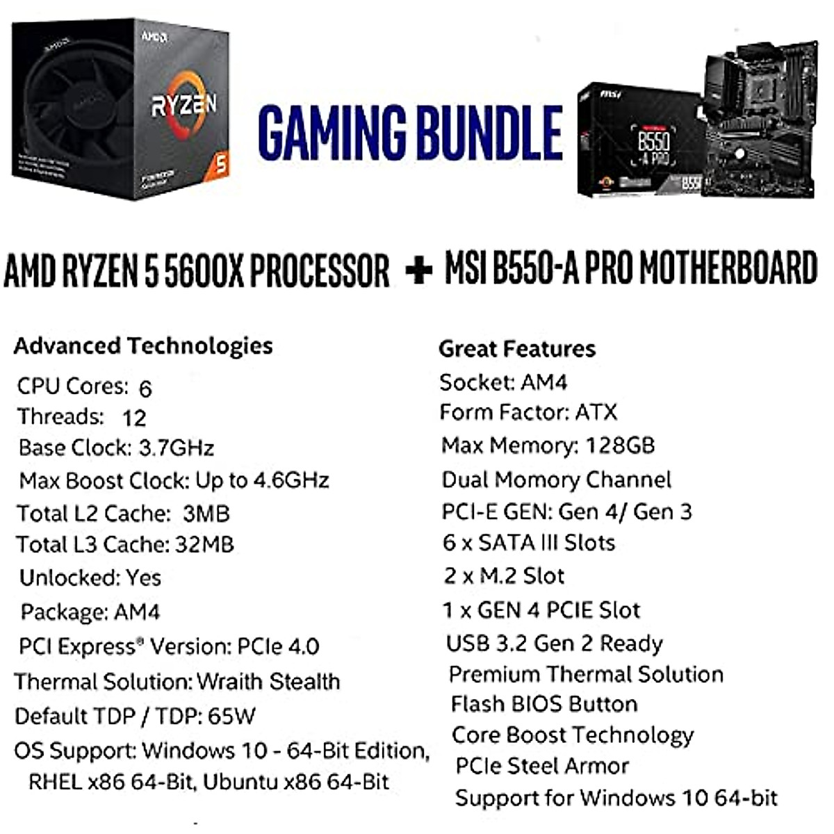 INLAND Micro Center AMD Ryzen 5 5600X Desktop Processor 6-core 12-Thread Up to 4.6GHz Unlocked with MSI B550-A PRO AM4 DDR4 ATX Motherboard PCIe 4.0 M.2 USB 3.2 Gen 2