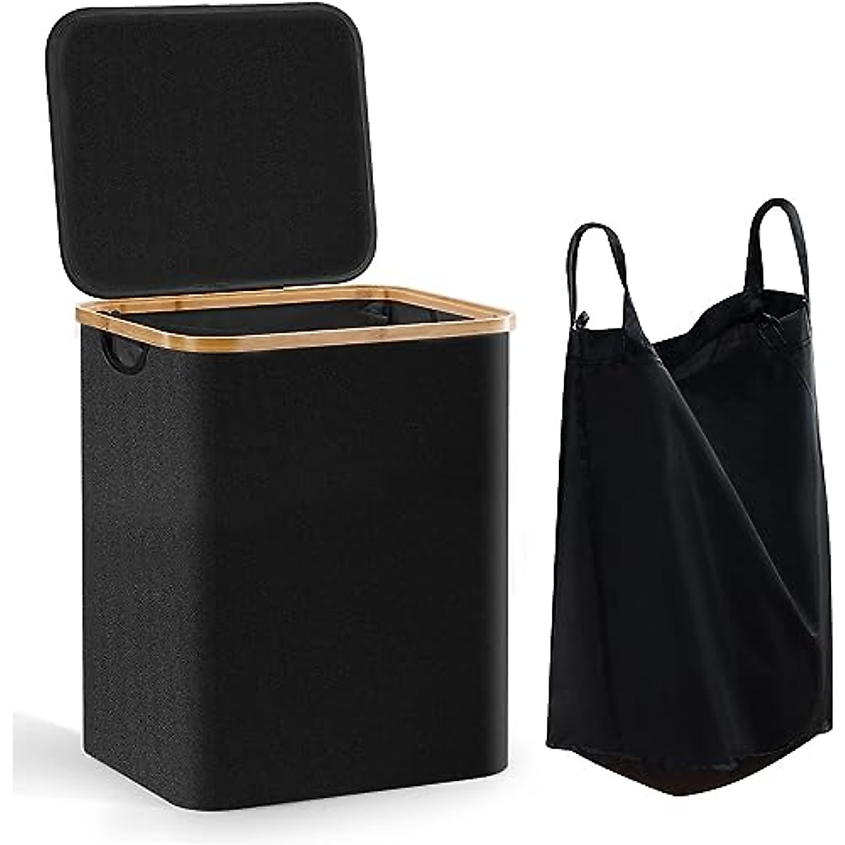 Laundry Hamper with Lid by TECHMILLY, 66L Small Tall Laundry Basket with Bamboo Handles for Clothes and Toys, Collapsible Laundry Basket with Removable Inner Bag for Bedroom and Bathroom, Black