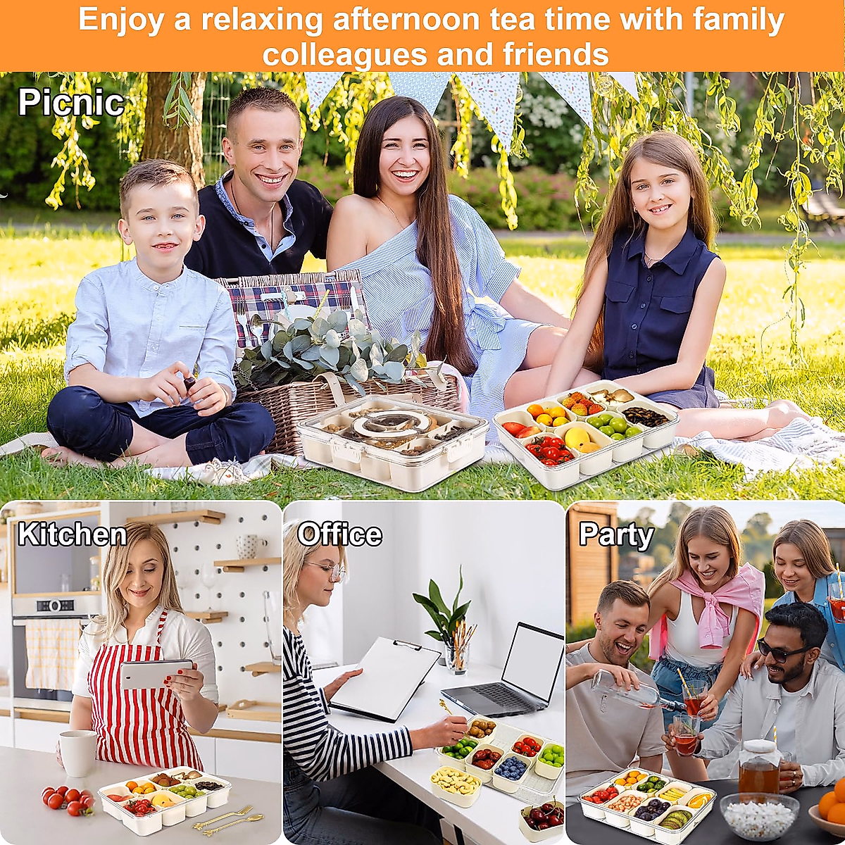 2Pack Snackle Box, Snack Box Container, Divided Serving Tray with Lid, Snack tray, Snack Organizer for Candy, Fruits, Nuts, Spices, Vegetable, Snacks - For Party, Picnic, Entertaining