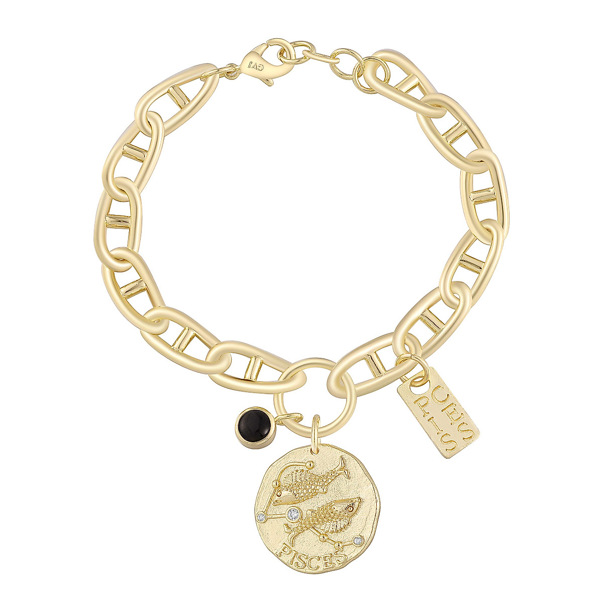 GOVENUS Astrology Zodiac Sign Pisces Bracelet,14K Gold Plated Brass Antique Coin Pendant And Onyx Charm With 7 Inches Adjusted GICCI Chain,Perfect Gifts For Womens