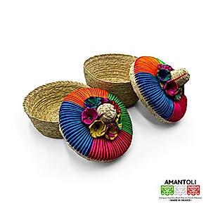 Amantoli - Mexican 100% Handwoven Sombrero Tortilla Baskets (2 Piece Set) | Mexican Tortilla Warmer |Tortillero de Palma Hecho en Mexico | Palm Straw Mexican Tortilla Bowl | Fiesta - Decoration.