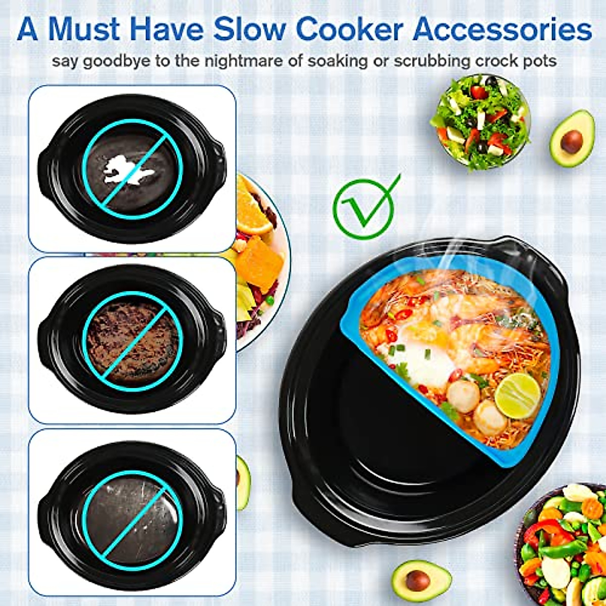 KKUYT Slow Cooker Liners Fit For 6QT Crockpot, Food-Grade Reusable Silicone Crock Pot Liners, Collapsible Cooking Liner Slow Cooker Accessories BPA Free, Dishwasher Safe to Use(Grey+Blue)
