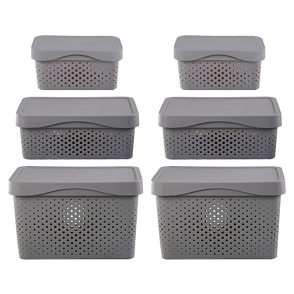 HANAMYA Lidded Storage Bin Organizer | Storage Organizing Container, 11 Liter, Set of 6, Gray