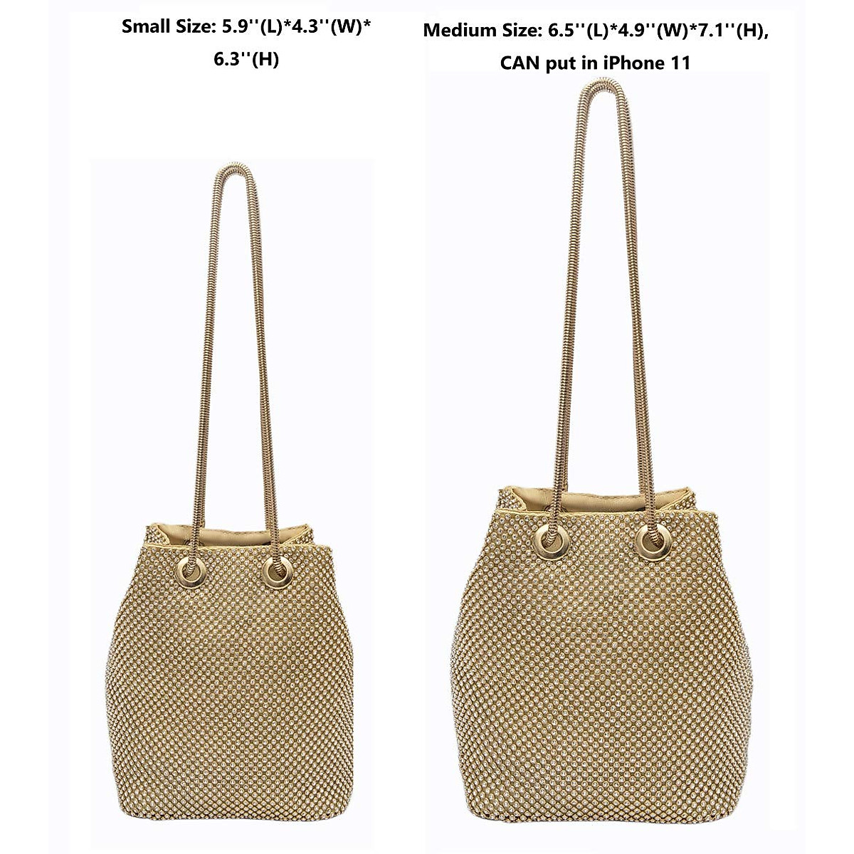 Vgift Evening Purse Women, Rhinestone Bucket Bag Crystal Purse for Wedding Party, Gold