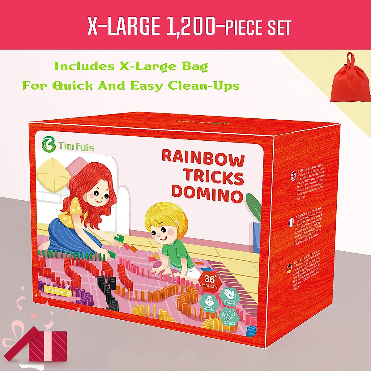 1200 Piece Dominoes Set for Kids, Colorful Dominos Tiles for Building, Stacking, Racing, Tumbling, Wood Domino with Box, Educational Toy