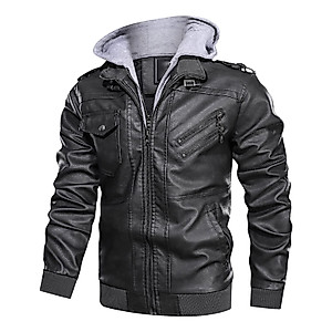 Maiyifu-GJ Men Vintage Faux Leather Jacket Stand Collar PU Leather Motorcycle Jacket Casual Bomber Hoodie with Removable Hood (Grey,Small)