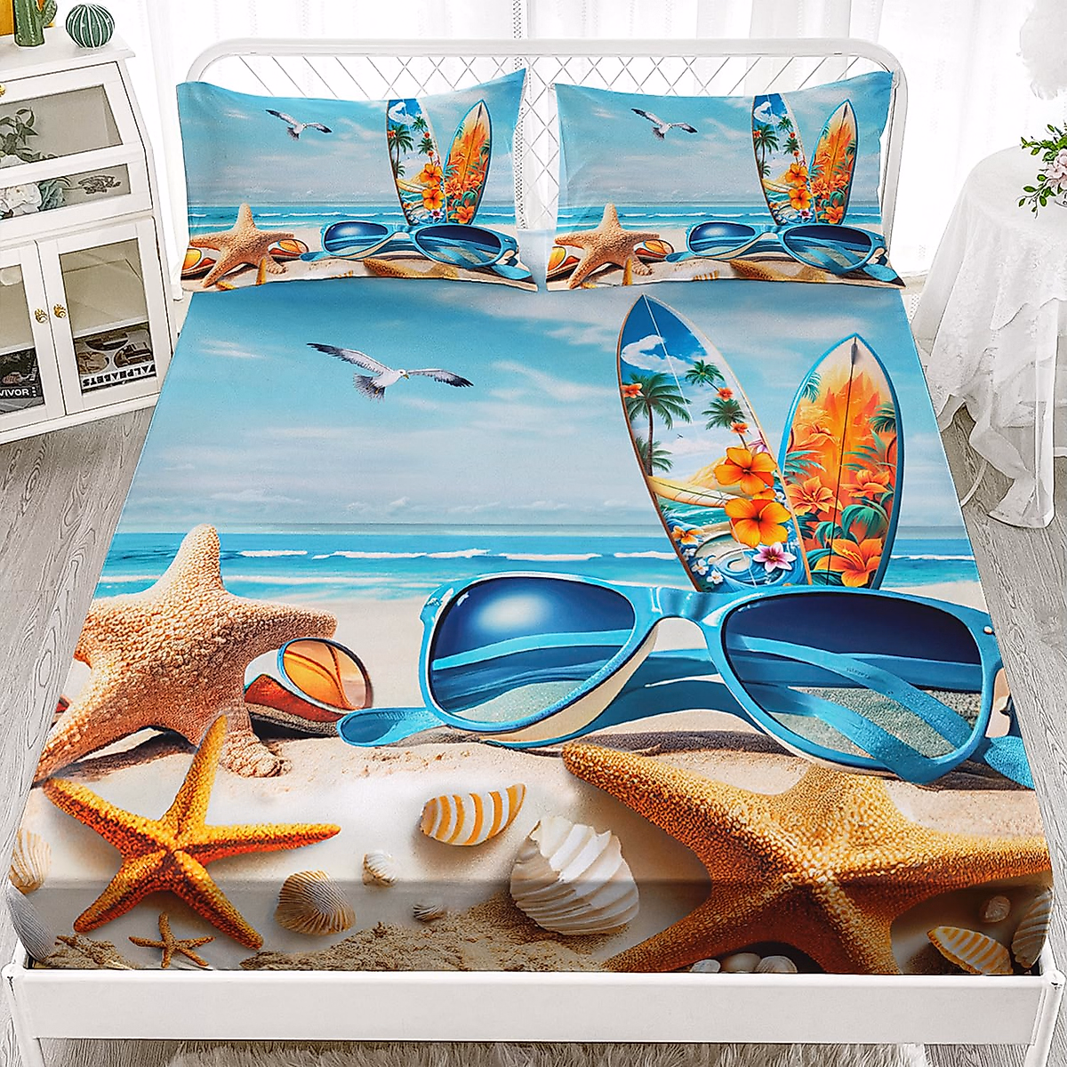AILONEN Beach Fitted Sheet Set Full Size, Ocean Theme Bed Sheet Set,Starfish Coastal Sheets Set for Boys Girls,Surfboard Sheets Set 3 Pieces, 1 Fitted Sheet and 2 Pillowcases