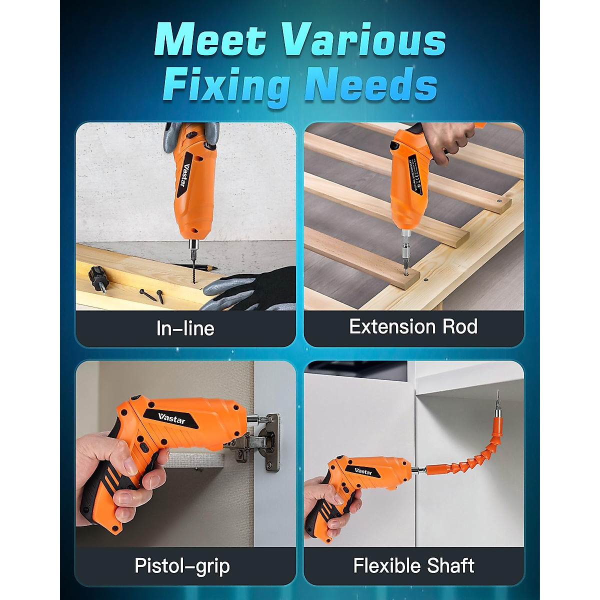 Vastar Cordless Electric Screwdriver Set, 48Pcs 3.7V Rechargeable Screwdriver Kit, Dual Position Handle, Battery Indicator, Flexible Shaft, LED Light