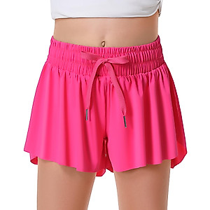 Girls Flowy Shorts Butterfly Shorts for kids with Pocket 2-in-1 Athletic Shorts Running Shorts for Girls Youth Teen Active Workout Sports (Hot Pink# Girls, X-Large)