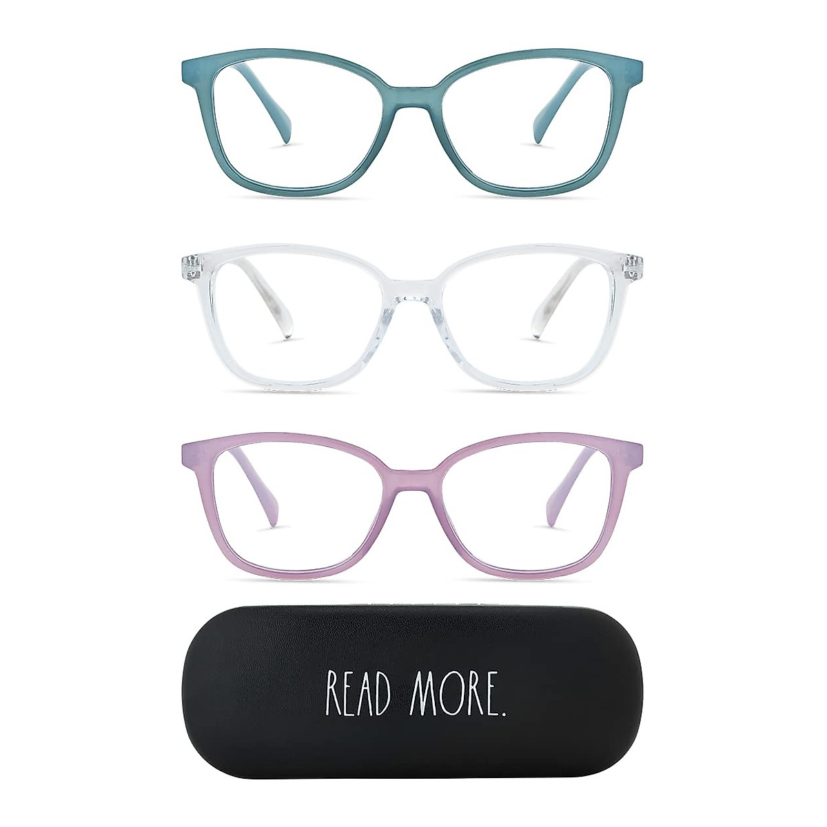 Rae Dunn "NALA Premium Reading Glasses - 3 Pack w/READ MORE Signature Font Hard Case (Milky Lavender/Milky Greyish Blue/Crystal Clear, 2.0, multiplier_x)