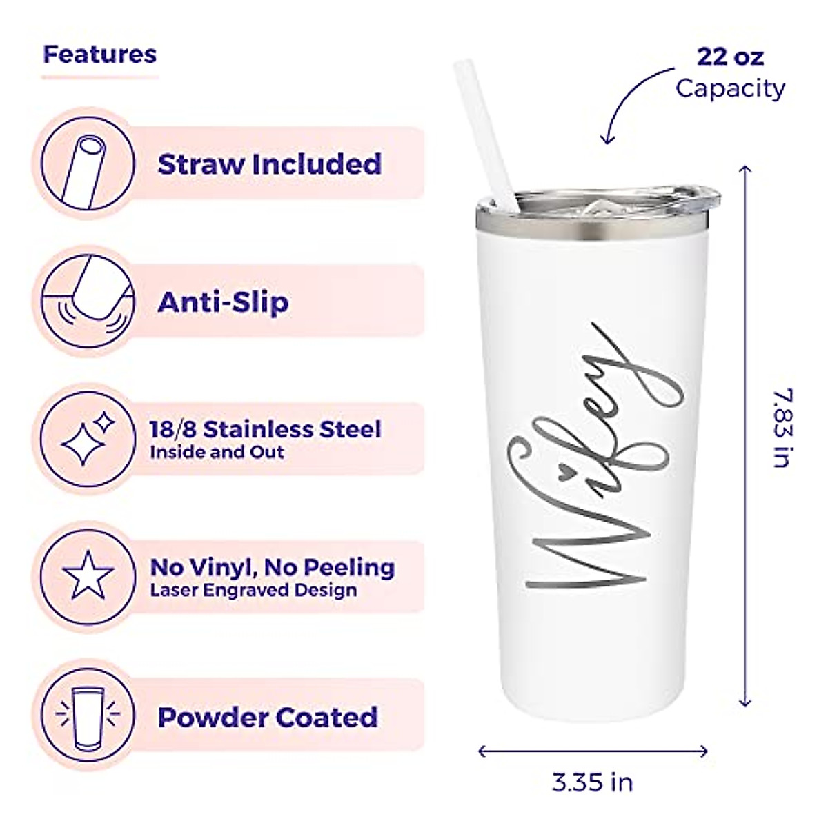 Wifey Tumbler | 22 Ounce White Engraved Stainless Steel Insulated Tumbler with Slide Close Lid and Straw | Bridal Shower | Bride To Be Gifts | Engagement Gift | Valentine's Day Gifts