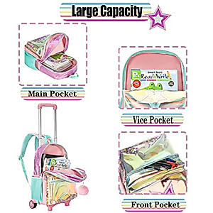 JSMNIAI Girls Rolling Backpacks Wheels Roller Backpack Laptop Travel Luggage with Lunch Box for Elementary Girls Students