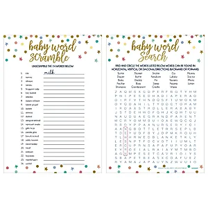 Multicolor Baby Shower 2-in-1 Word Game - 5" x 7" (Pack of 24) - Premium Paper Fun Activities for Gender Reveals and Birthdays