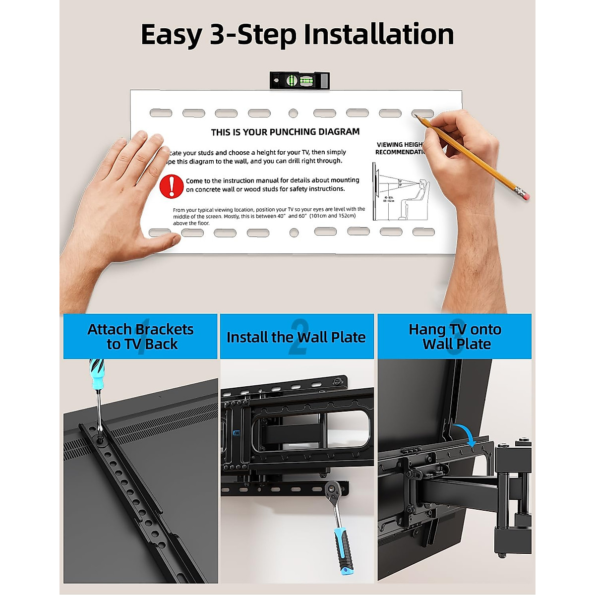 HOMEVISION Full Motion TV Wall Mount for Most 32-75 inch TVs, TV Mount Swivel and Tilt with Dual Articulating Arms,TV Wall Mount Bracket Holds up to132lbs Max VESA 600x400mm Fits 12/16" Wood Stud