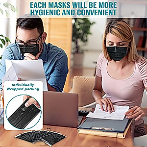 EHH Black Disposable Face Masks, Individually Wrapped, Breathable Face Mask for Men Women, 3- Ply, Comfortable Adult Masks with Adjustable Nose Wire & Elastic Ear Loop 50 Pcs, Black