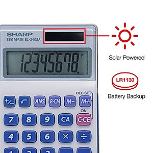 Sharp HO EL240SB 8 Digit Solar and Battery Powered Slant Display Calculator, White, 2 3/4 x 4 1/2 (EL240SAB)