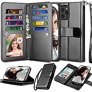 NJJEX Compatible with iPhone 12 Pro Max Case/iPhone 12 Pro Max Wallet Case 6.7" (2020), [9 Card Slots] PU Leather Card Holder Folio Flip [Detachable] Kickstand Lanyard Magnetic Phone Cover [Black]