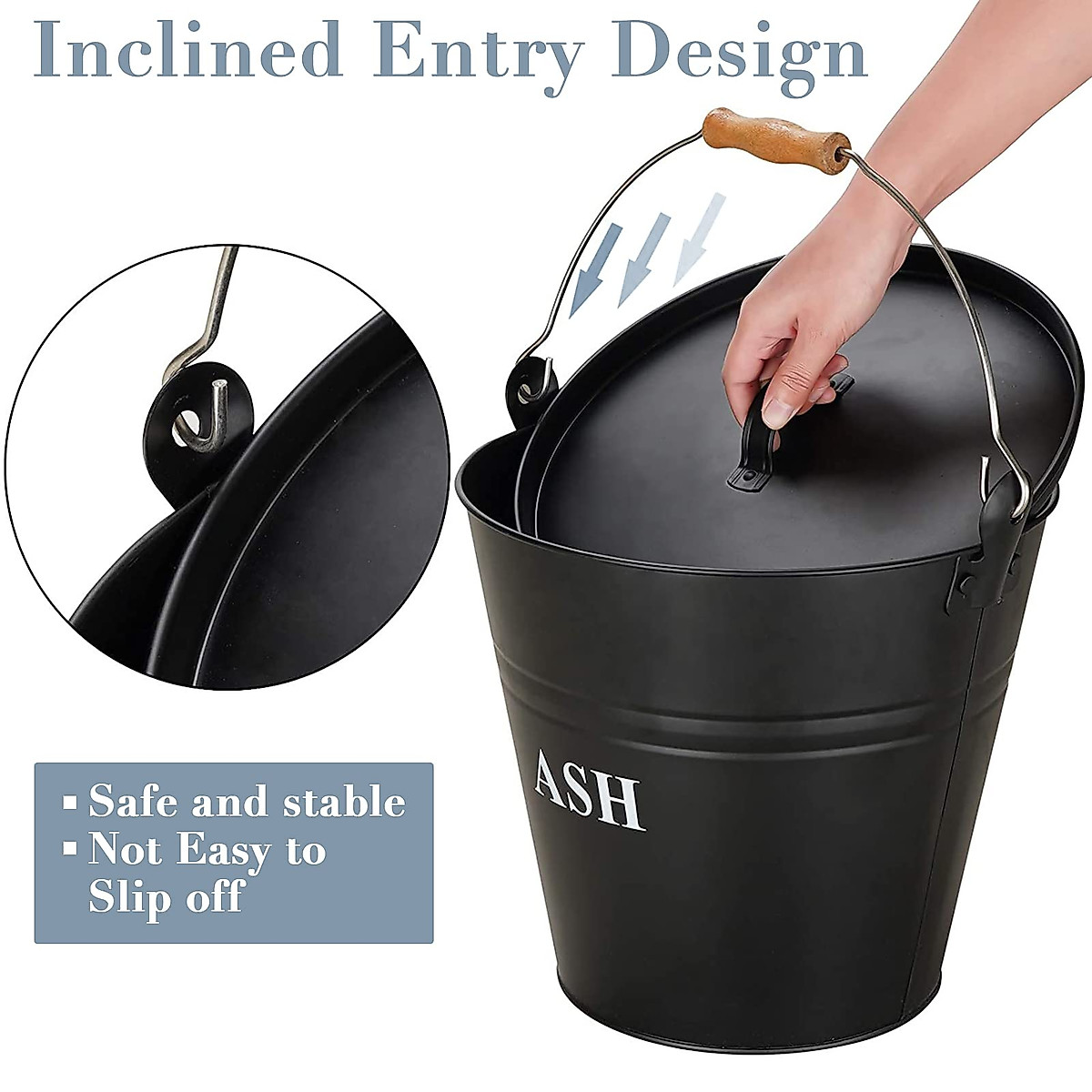 Ash Bucket with Lid and Handle, Galvanized Iron Ash Pail for Fireplace, Fire Pits and Wood Burning Stoves