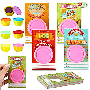 JOYIN 28 Pcs Valentines Day Gift Cards with Colorful Playing Dough for Kids Valentine Party Favors, Valentine's Classroom Exchange