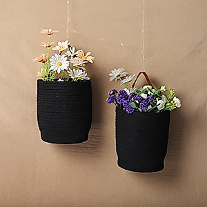 JJSQYLAN Hanging Basket(2Piece) Wall Woven Cotton Rope Storage Basket with Leather Decorative Baskets Organizer for Kitchen Office Bedroom,Plants,Towels, Toys