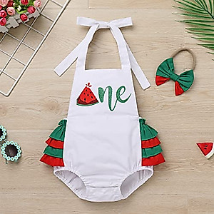 IMEKIS Melon First Birthday Outfit Girl One Cake Smash Boho Baby 1st Birthday Dress Watermelon Themed Party Supplies One Year Old Romper Sunsuit Toddler Summer Photoshoot Green Melon 12-18 Months