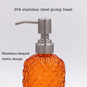 SDlumeiy 16 oz Diamond Pattern Glass Soap Dispenser, Kitchen and Bathroom Refillable Soap Dispenser with Rust Resistant Stainless Steel Pump for Hand Soap, Lotion Glass Liquid Dispenser (Orange)