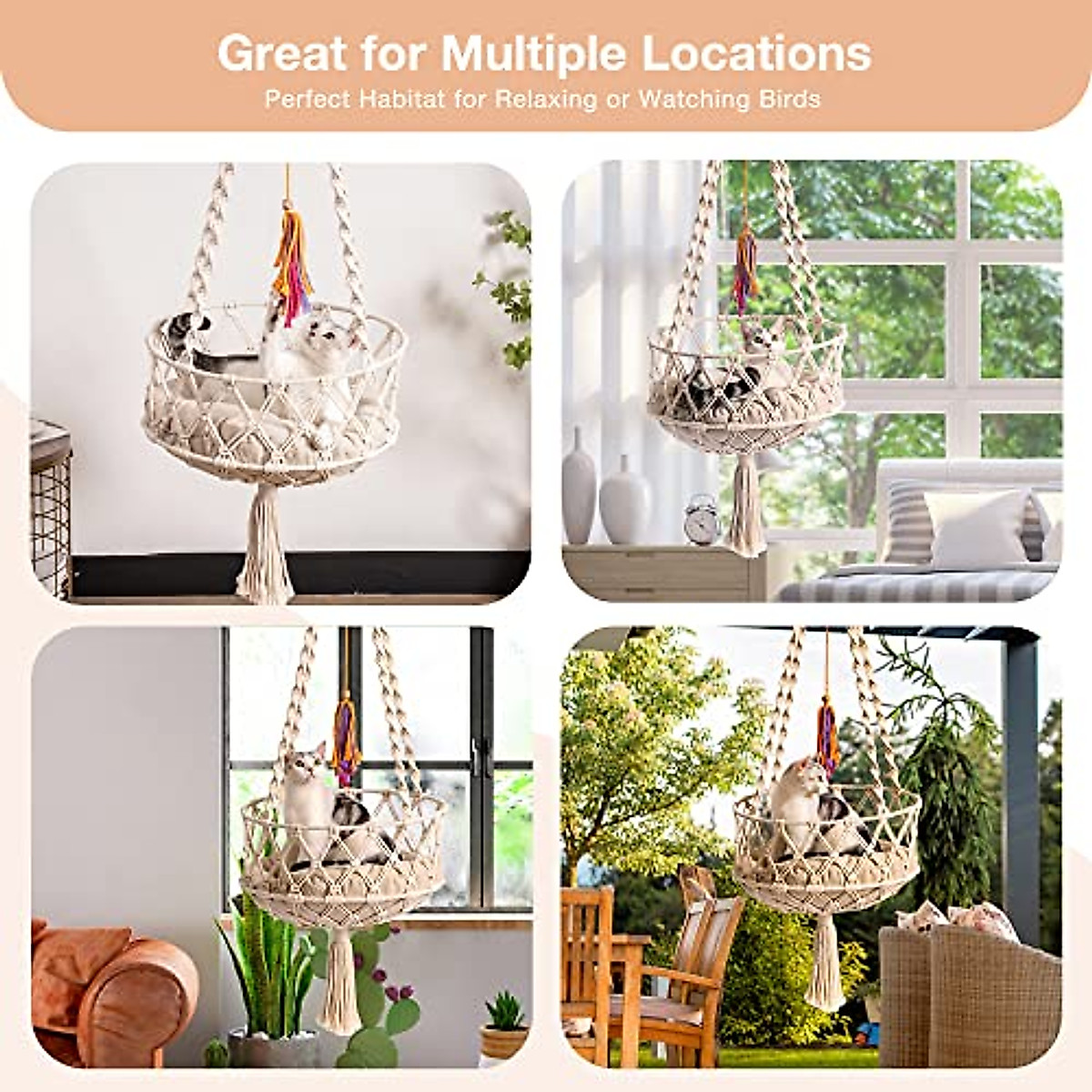 MEWOOFUN Hanging Macrame Cat Hammock Bed, Cat Swing Bed Space Saving Window Perch with Washed Cotton Mat & Funny Cat Toy for Indoor Cats