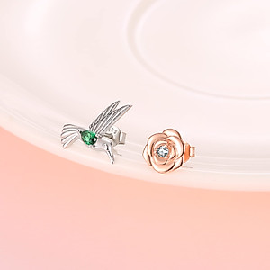WOUOVO S925 Hummingbird Drop-Dangle Earrings - Waterdrop Flower Bird Eearring with Green Spinel Crystal Stone Mothers day Gifts for Mom and daughter (Rose Flower hummingbird)