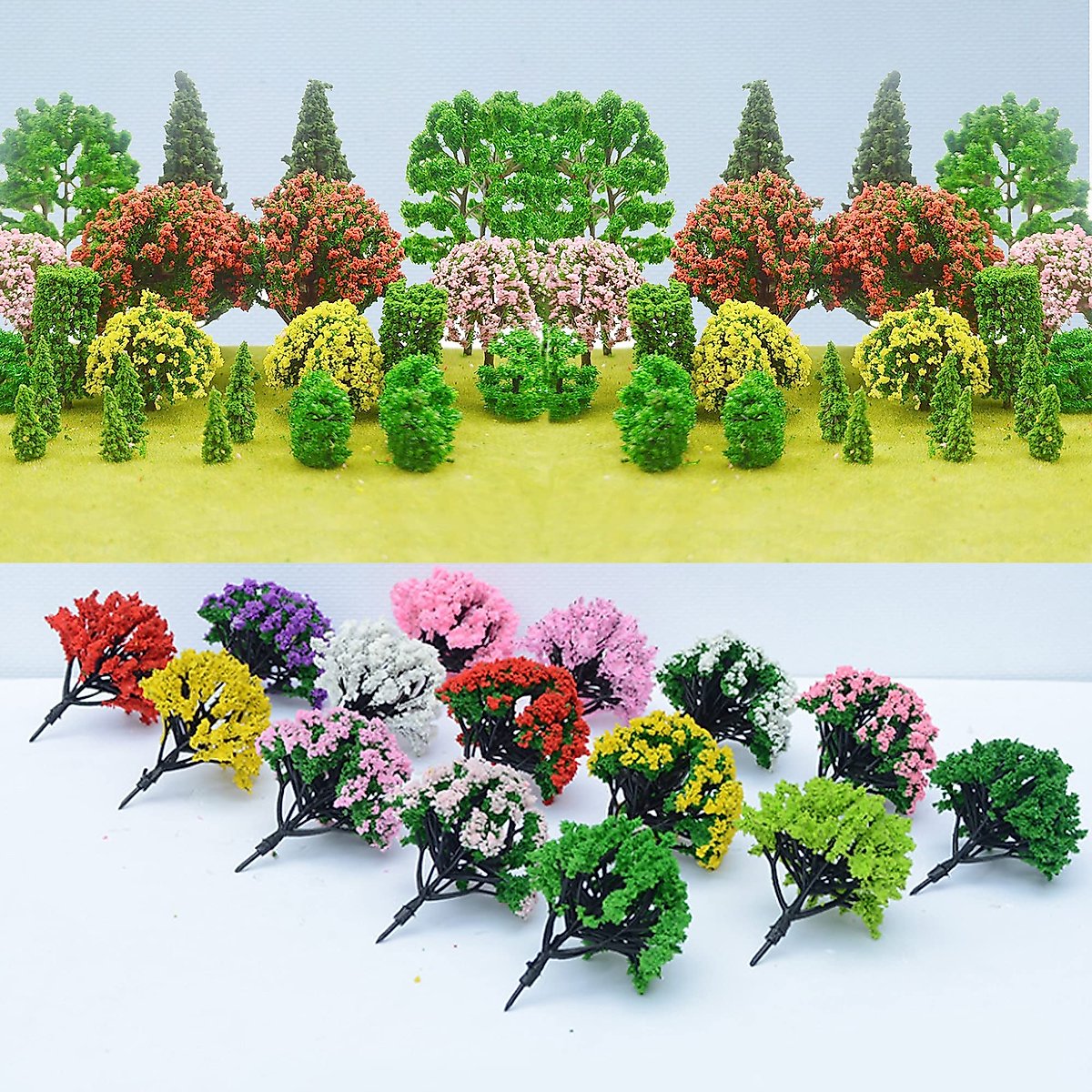 Woohome 60 PCS Miniature Trees Mixed Model Trees, Mixed Colors Accessories Model Train Scenery Architecture Trees Fake Trees for Building Model, Model Scenery with No Bases for DIY Crafts