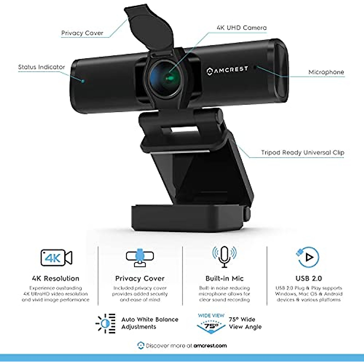 Amcrest 4K Webcam w/Microphone & Privacy Cover, Web Cam USB Camera, Computer HD Streaming Webcam for PC Desktop & Laptop w/Mic, Wide Angle Lens & Large Sensor for Superior Low Light (AWC897)